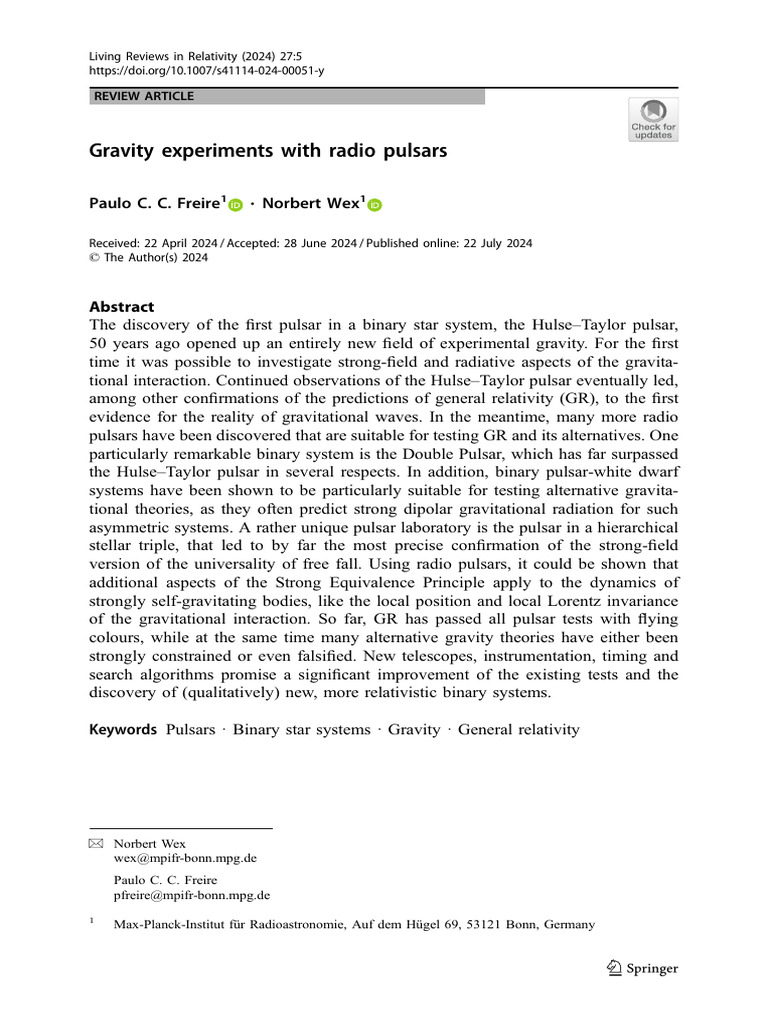 Gravity Experiments With Radio Pulsars: Paulo C. C. Freire Norbert Wex | PDF | General ...