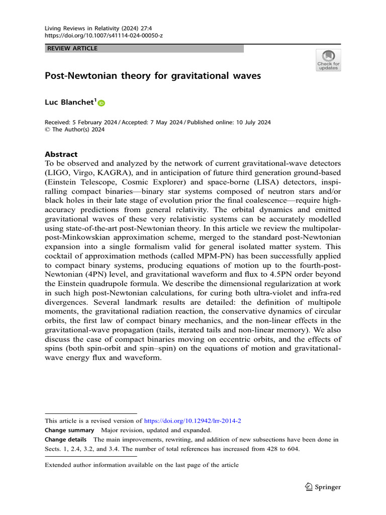 Post-Newtonian Theory For Gravitational Waves: Luc Blanchet | PDF | General Relativity ...