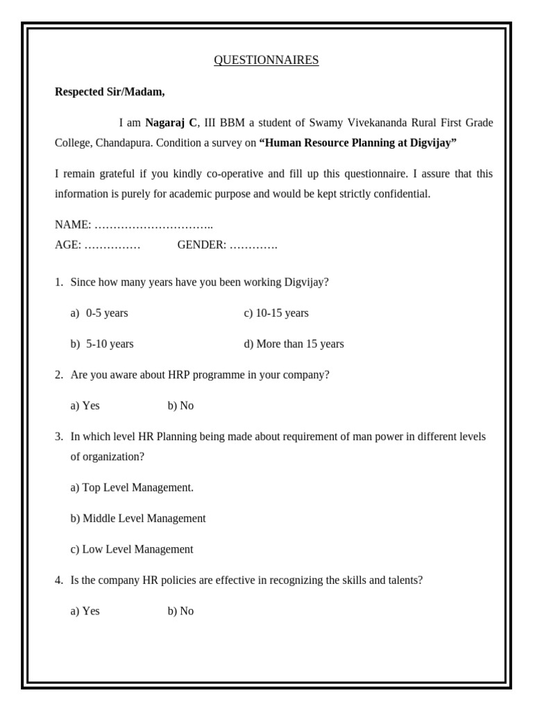 Questionnaire - A STUDY ON HUMAN RESOURCE PLANNING | PDF | Human ...