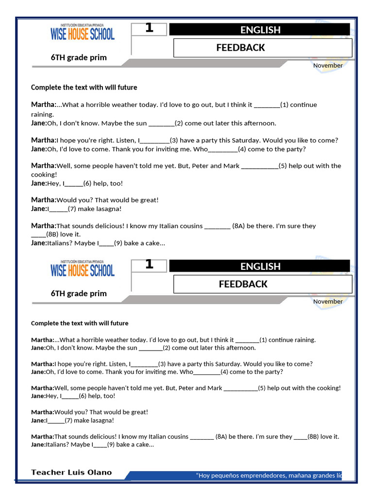 6th Prim FEEDBACK 2 November | PDF