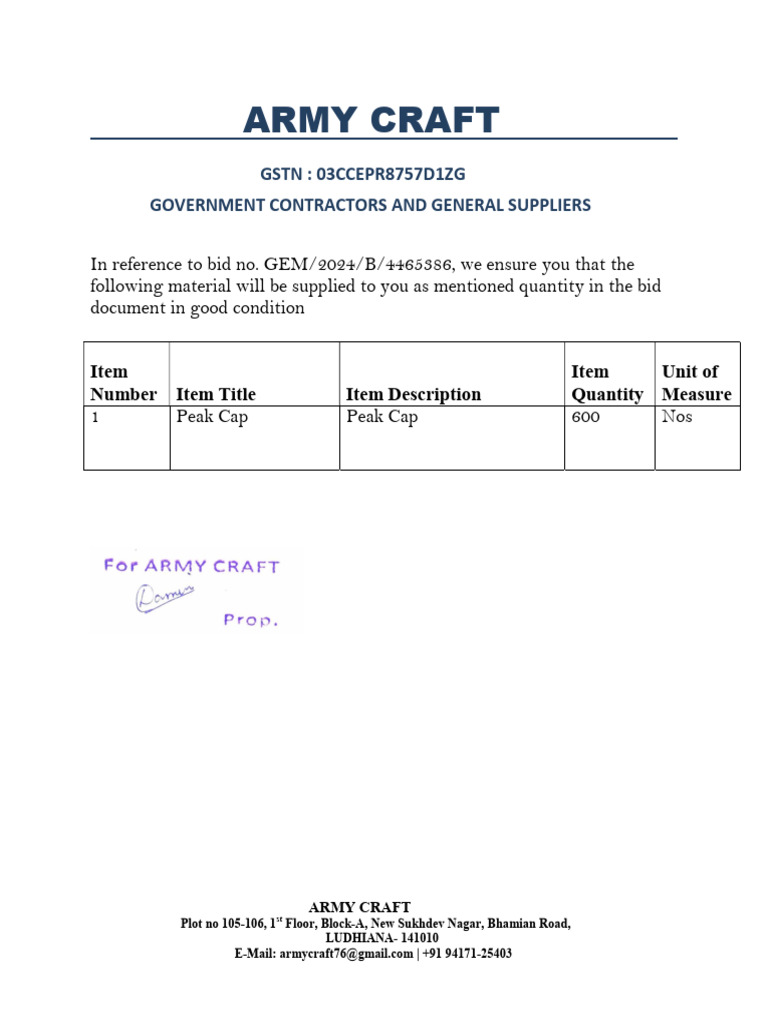 ARMY CRAFT_COMPLIANCE OF BOQ | PDF
