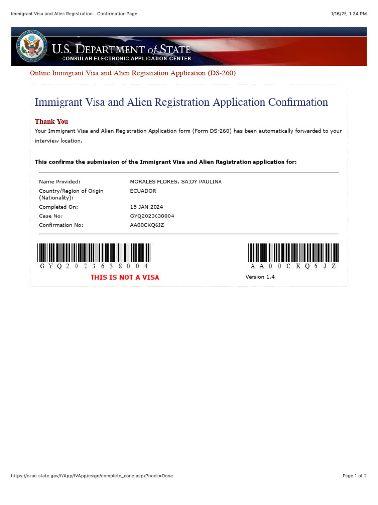 Immigrant Visa and Alien Registration - DS20Confirmation Page | PDF