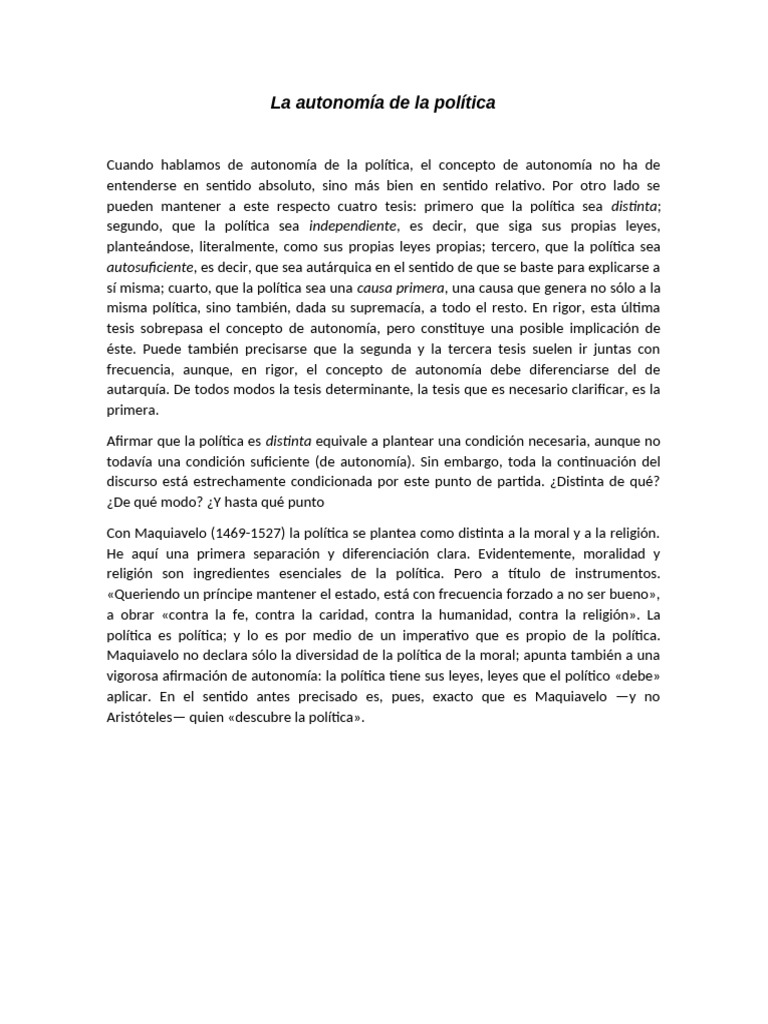 Autonomía de la Política según Maquiavelo | PDF