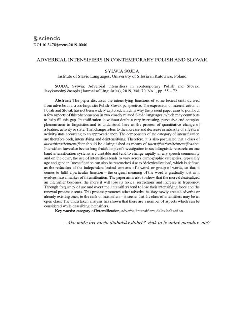 Adverbial Intensifiers in Contemporary Polish and Slovak - JazCas | PDF