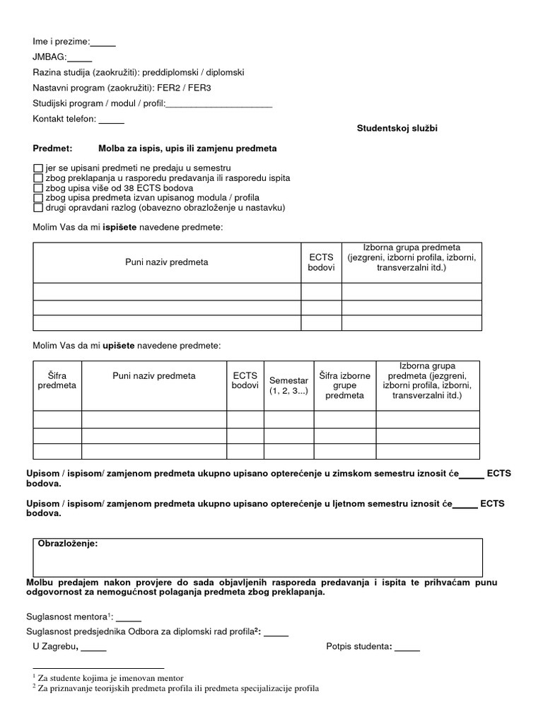 Upis, Ispis Ili Zamjena Predmeta | PDF