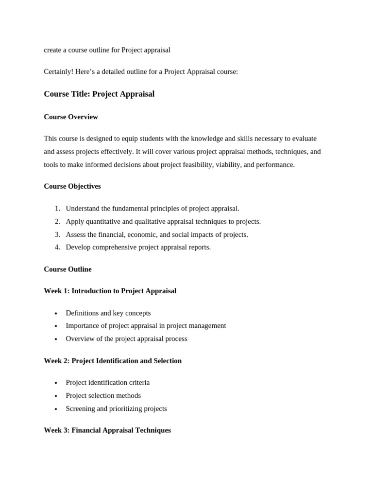 Project Appraisal Course Outline | PDF | Feasibility Study ...