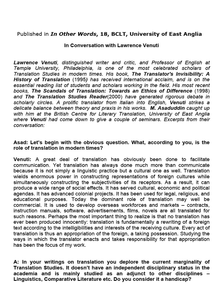 Insights on Translation by Lawrence Venuti | PDF | Translations ...