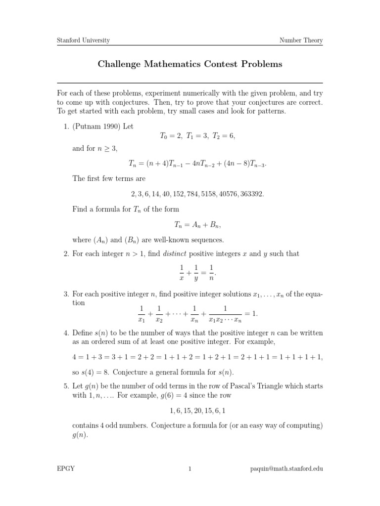 Stanford Number Theory Contest Problems | PDF | Matrix (Mathematics ...
