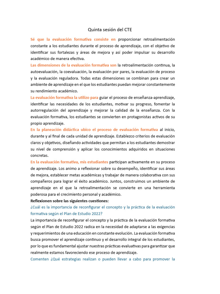 Preguntas Quinta Sesión Del CTE | PDF | Evaluación | Enseñando