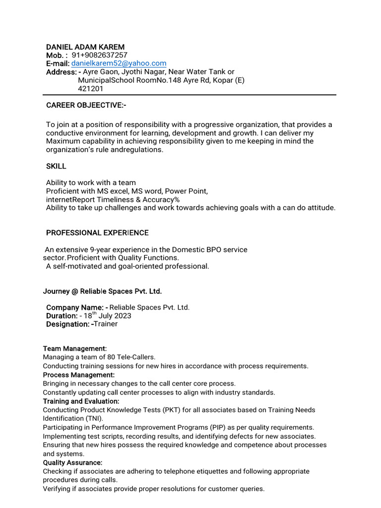 Daniel Karem - BPO Trainer Resume | PDF