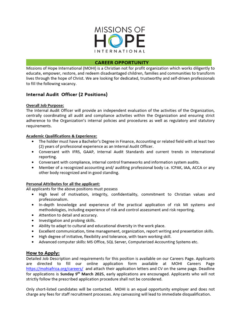 Advert - Internal Audit Officer | PDF | Audit | Internal Audit