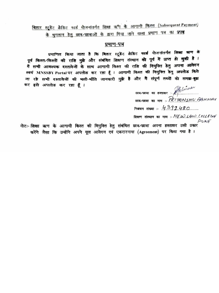 Subsequent Loan Payment Declaration | PDF