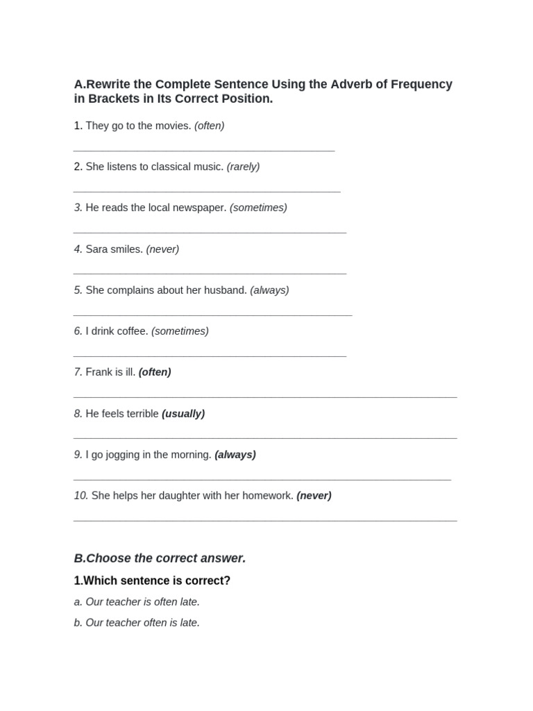 Adverb of Frequency Exercises Worksheet | PDF