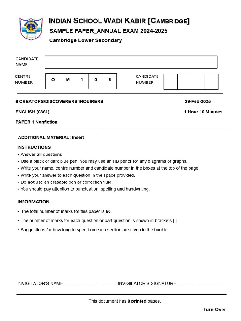 English Practice Paper - Cambridge Lower Secondary English | PDF