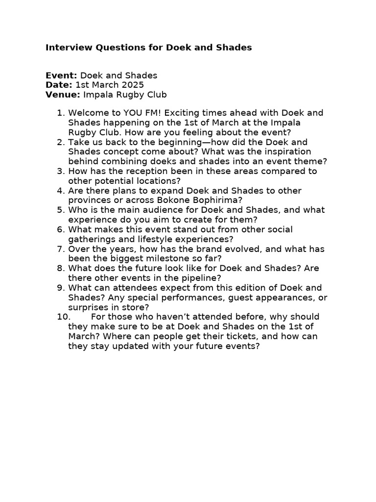 Interview Questions For Doek and Shades | PDF