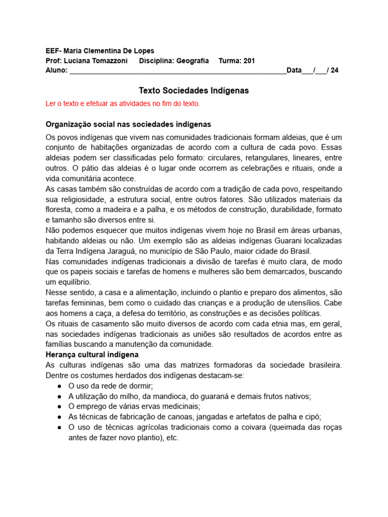 Sociedades Indígenas e Cultura Brasileira | PDF | Povos indígenas | Brasil