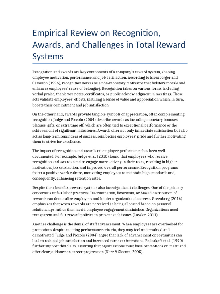 Empirical Review Recognition Awards Total Reward Systems | PDF ...