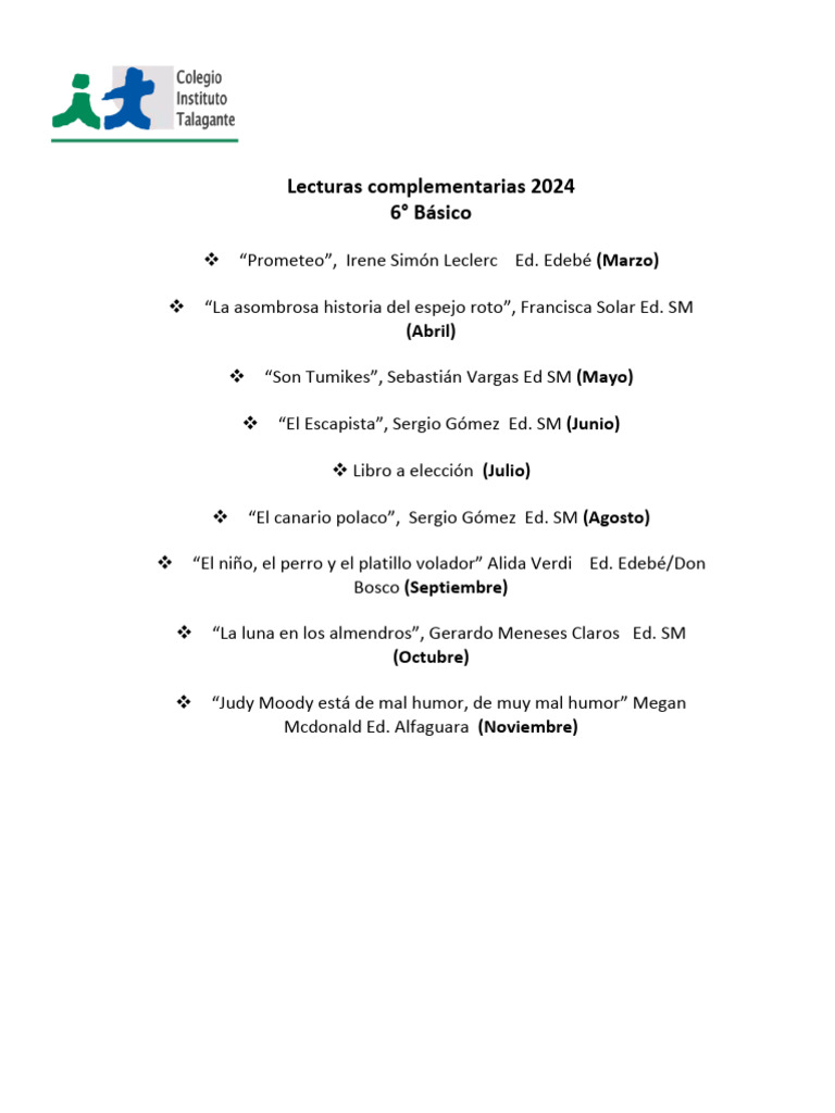 Lecturas Complementarias 6o Basico 2024 | PDF