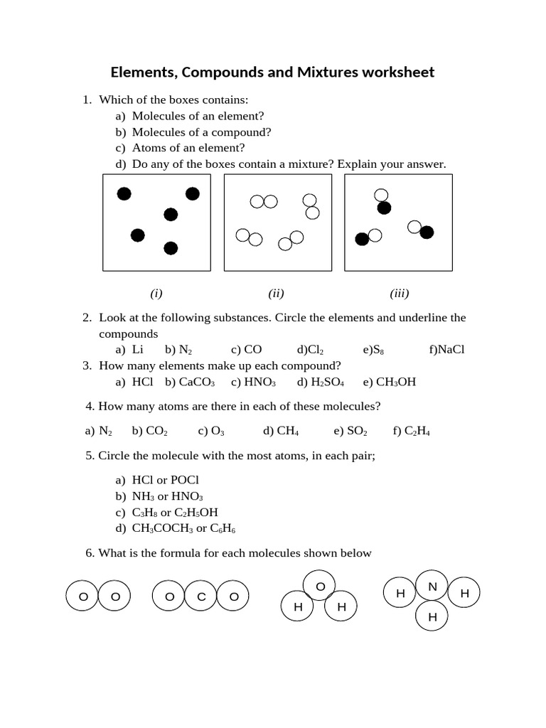 worksheet-elements-compounds-mixtures-ks3 | PDF | Chemical Compounds ...