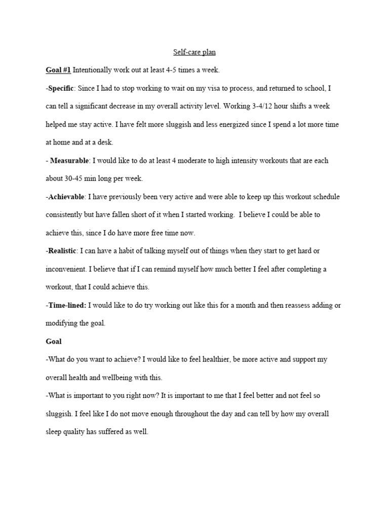 self care plan example | PDF | Dieting | Fast Food
