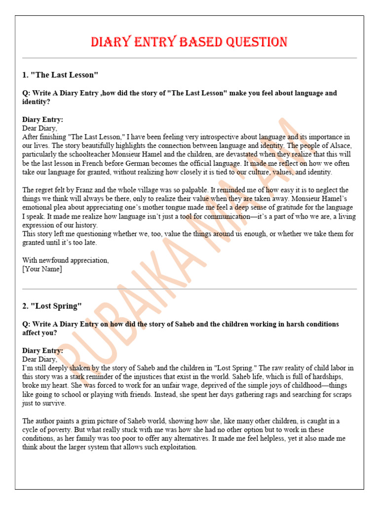Diary Entry Based Questions | PDF | Fear | Beauty