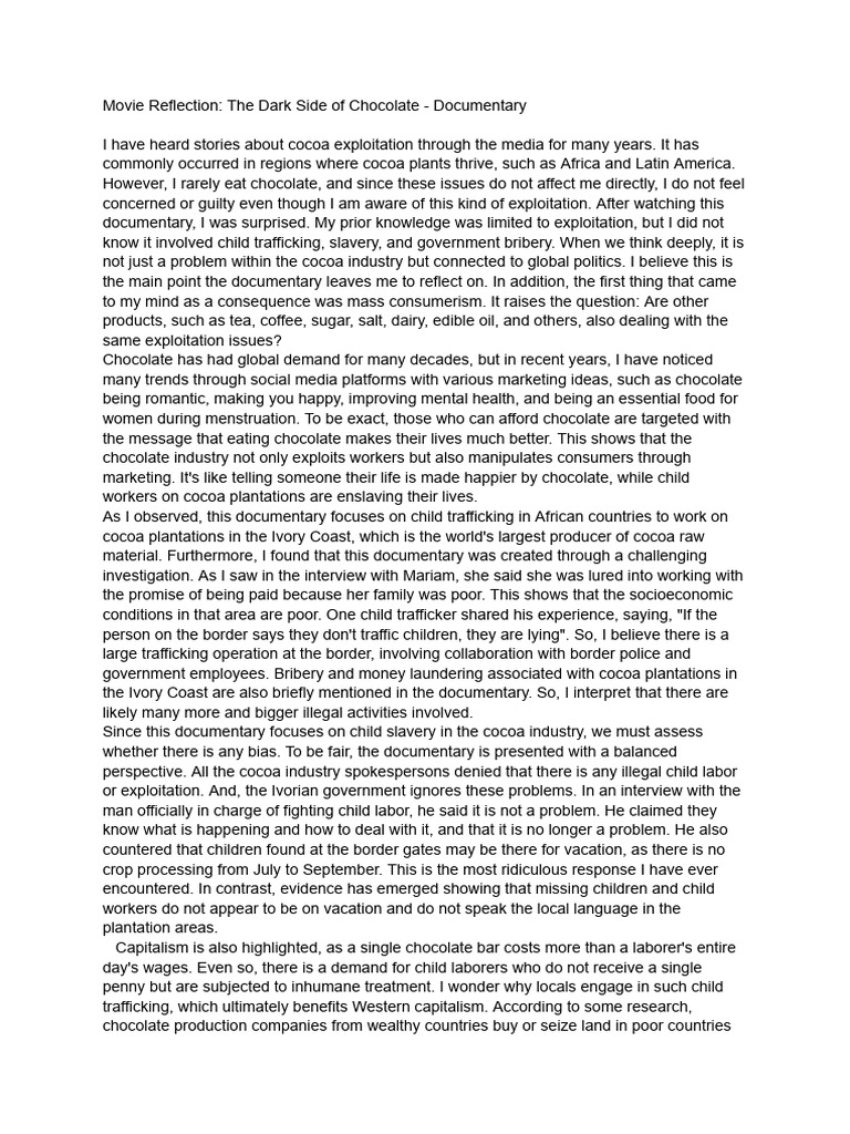 Movie Reflection - The Dark Side of Chocolate - Documentary | PDF ...