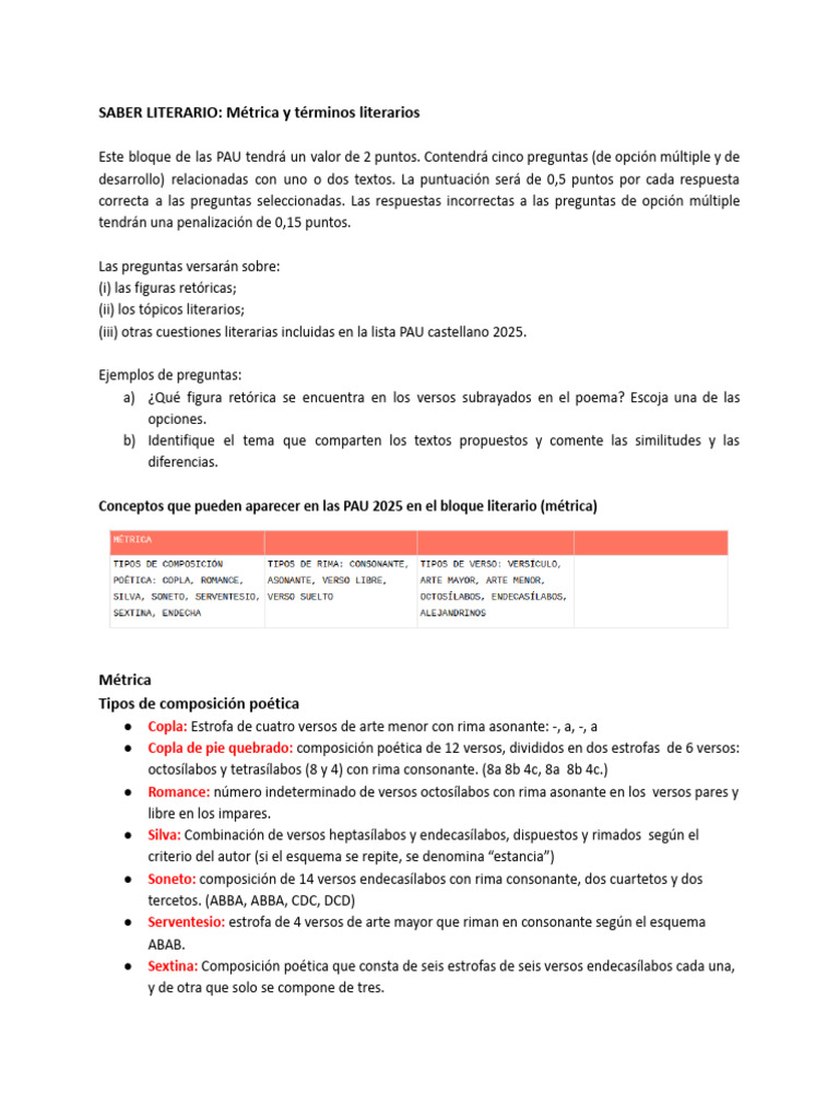Saber Literario - Métrica y Términos Literarios | PDF | Metro (poesía ...