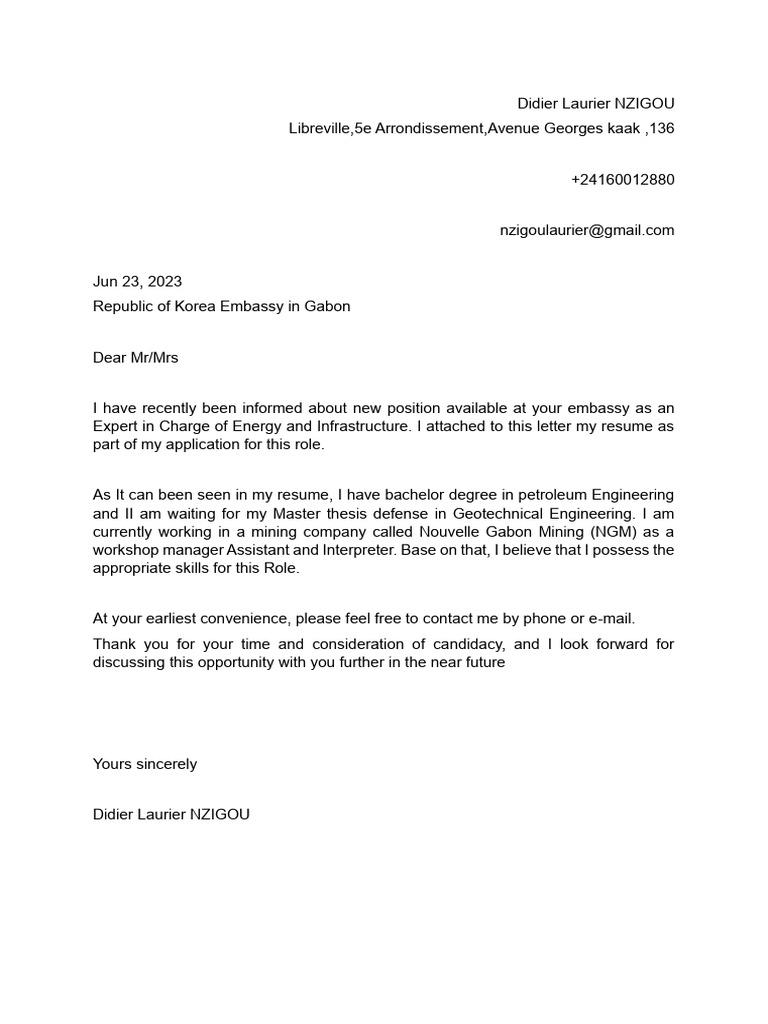 Didier Laurier NZIGOU Cover Letter | PDF