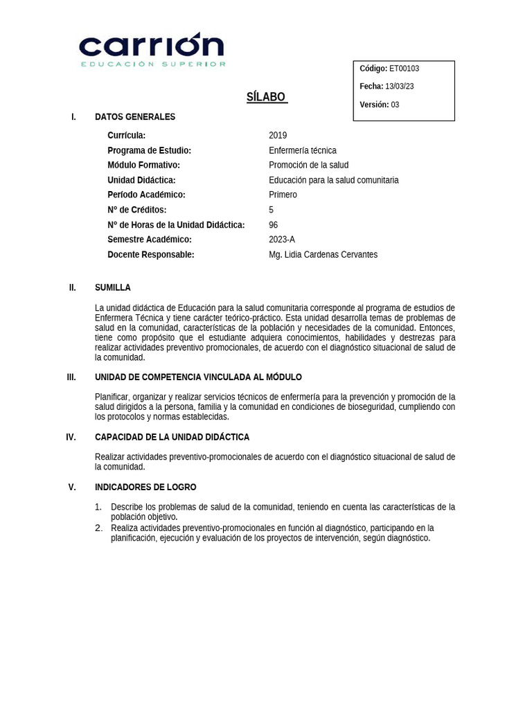 Silabo_UD_ENF_I_ESC_1 (1) | PDF | Evaluación | Educación para la salud