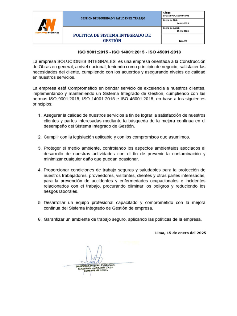 2-POLITICA DE SISTEMA INTEGRADO DE GESTIÓN, 2025 -SOL. INT. | PDF | Calidad (comercial) | Business