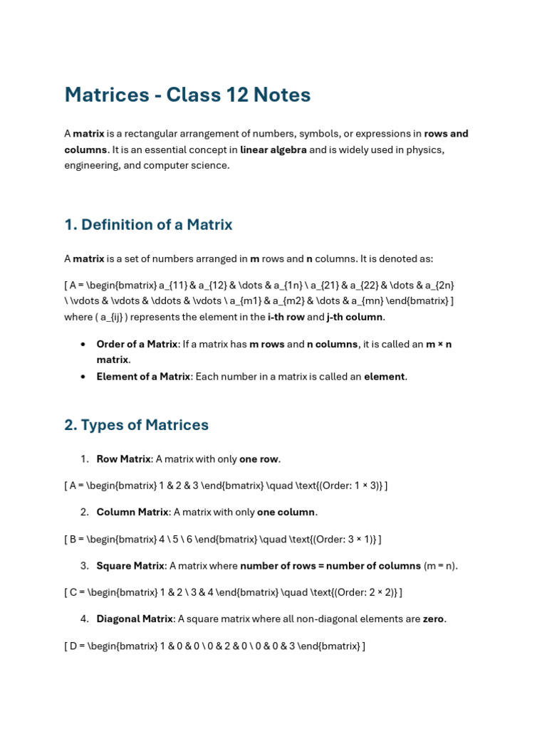 New Matrix Notes | PDF | Matrix (Mathematics) | Multiplication