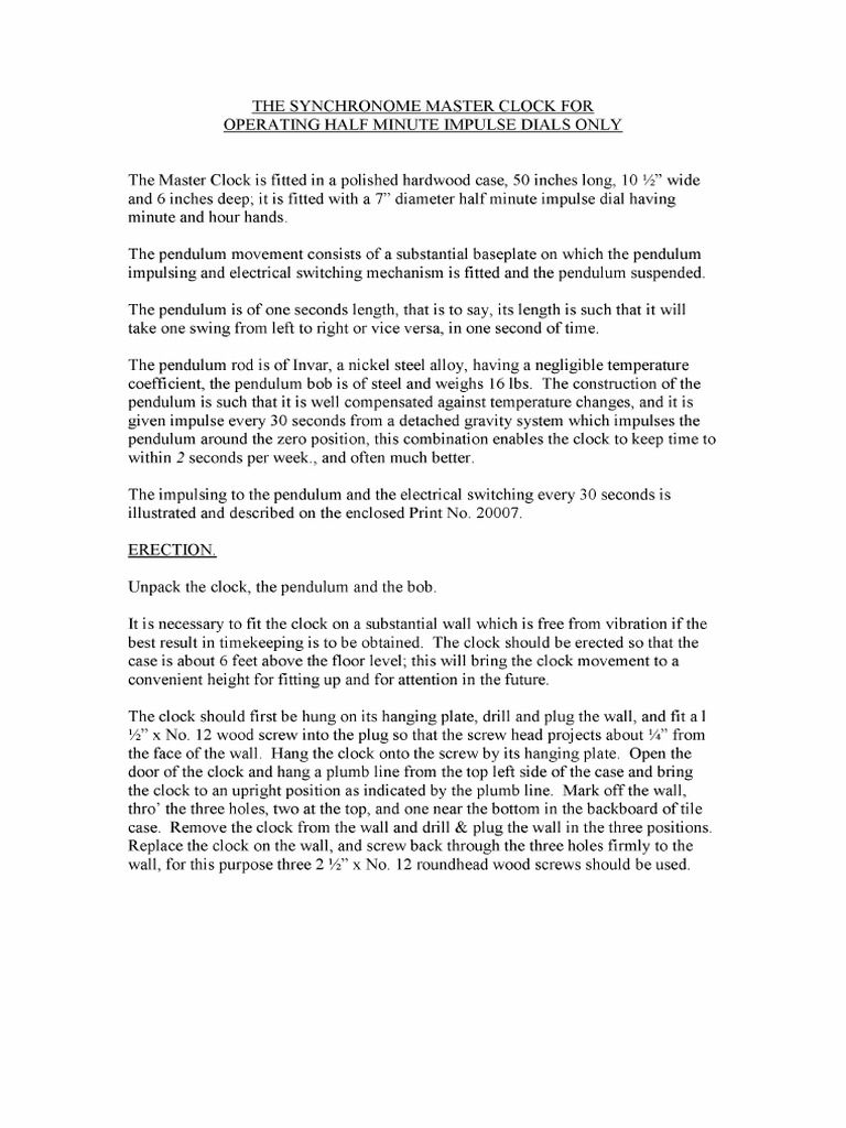 Synchronome Clock Installation Manual | PDF | Pendulum | Clock