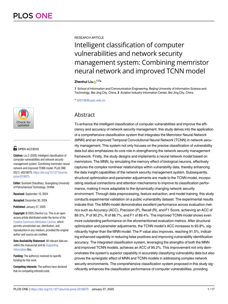 Intelligent Classification of Computer Vulnerabilities and Network Security Management System ...