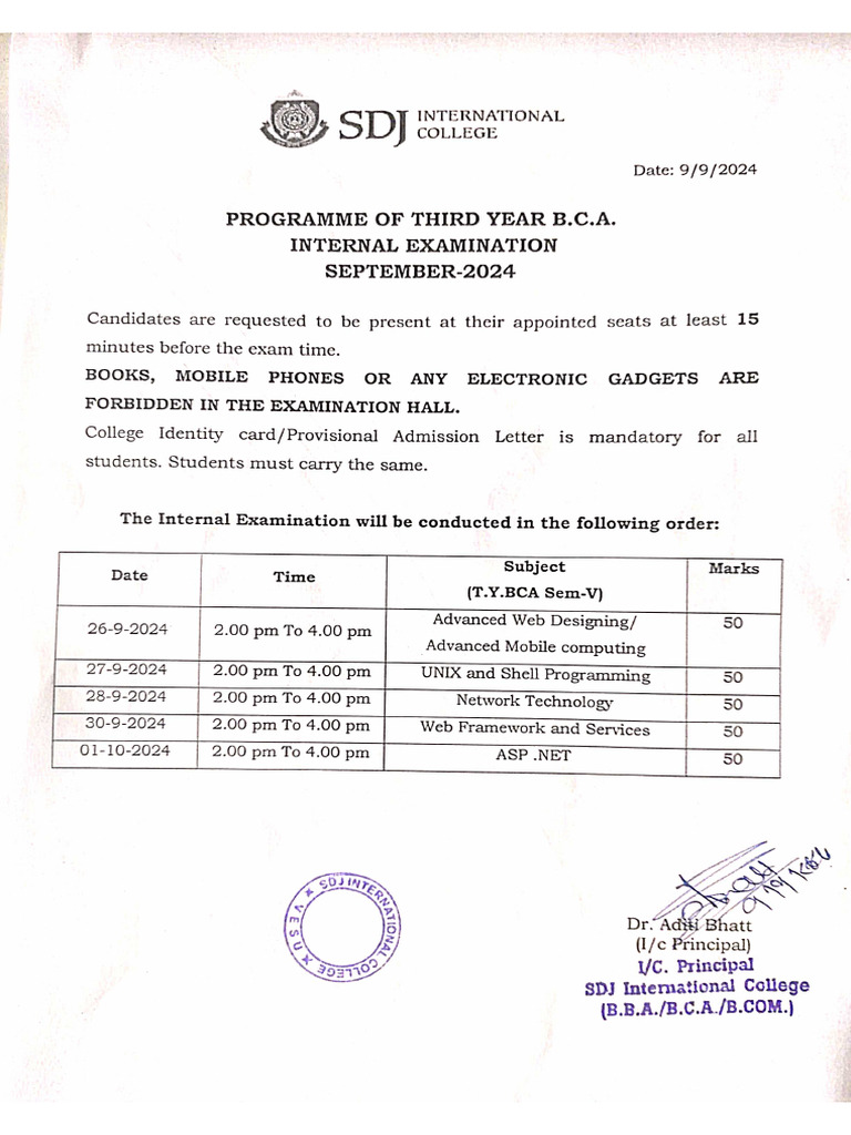 TYBCA Sem-5 Internal Theory Exam Schedule | PDF