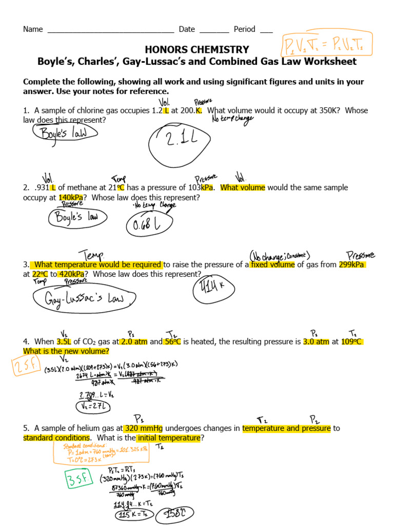 Combined Gas Law Worksheet | PDF