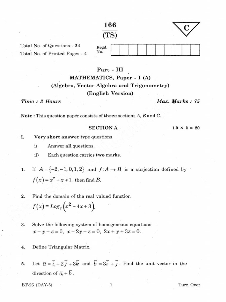 TS Inter 1st Year Mathematics-1 (A) - EM 2016 Exam Paper | PDF