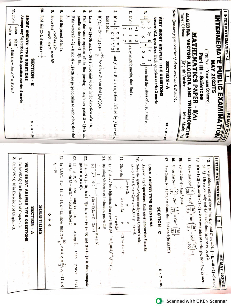 MATHS 1A Previous Papers 2023 To 2016 T.S and A.P | PDF