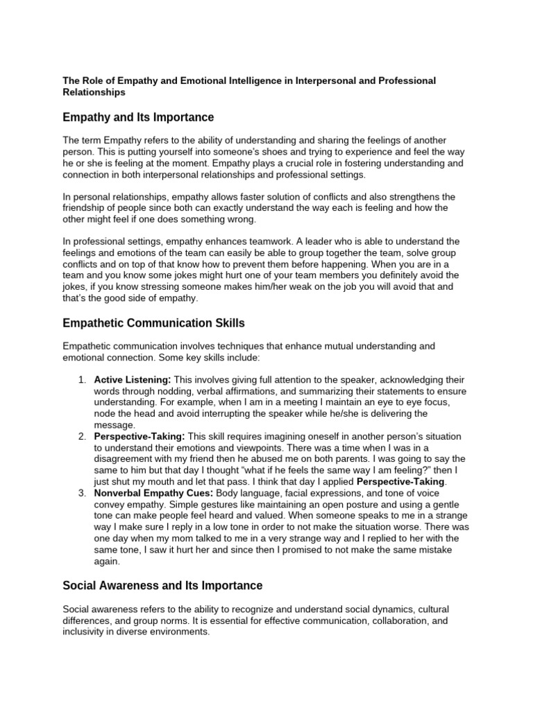 The Role of Empathy and Emotional Intelligence in Interpersonal and ...