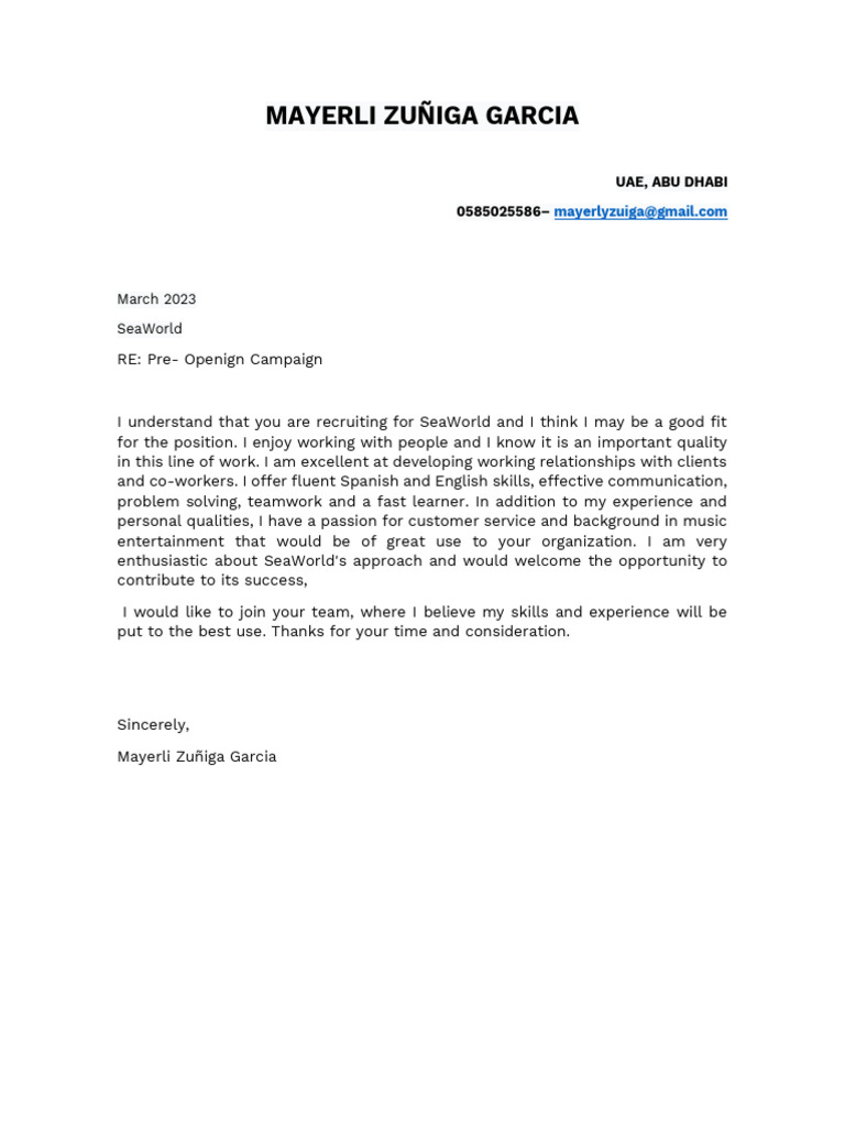 Cover Letter SeaWorld | PDF