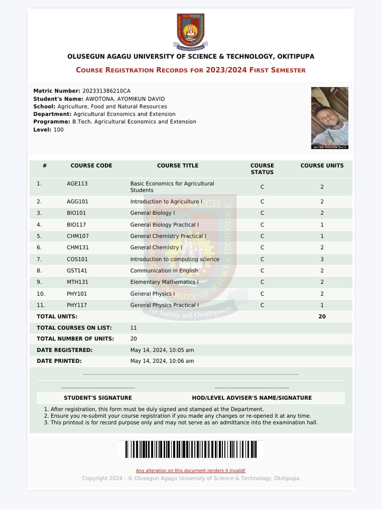 202331386210CA - 2023-2024 - First Semester Course Registration Form ...