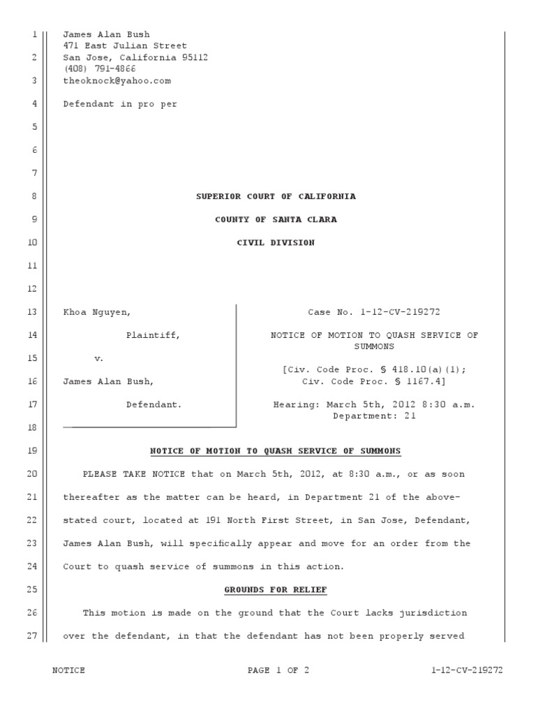Motion To Quash Service of Summons | PDF | Summons | Complaint