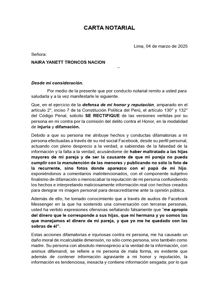 Carta Notarial Difamación | PDF