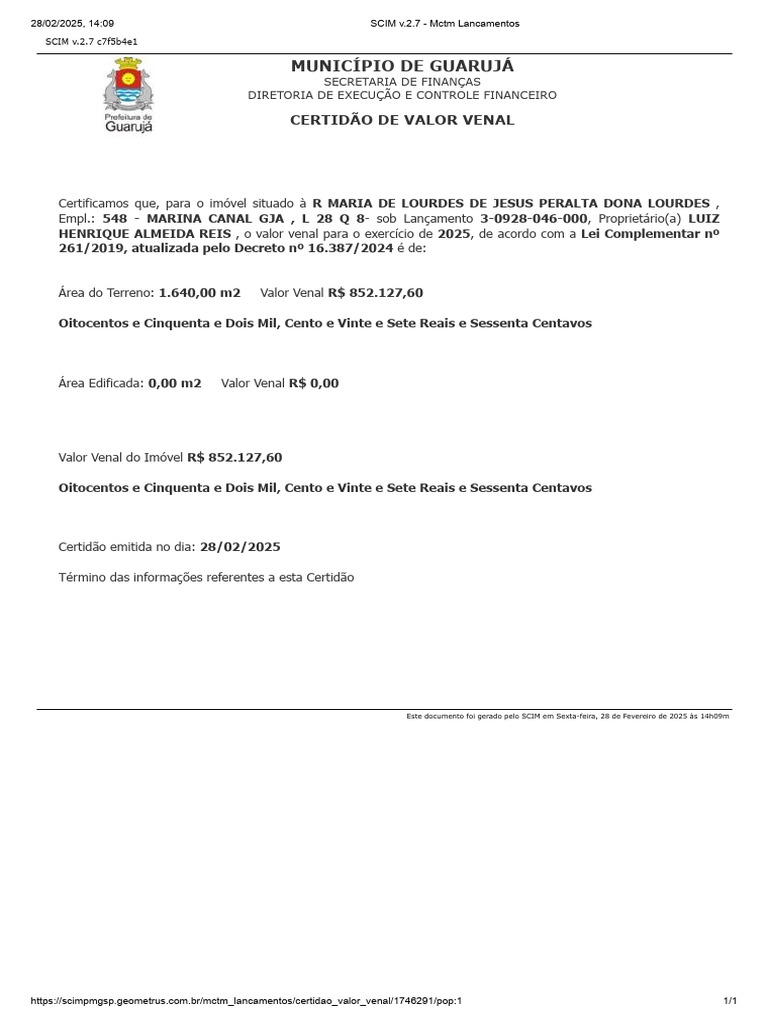 Certidão de Valor Venal | PDF