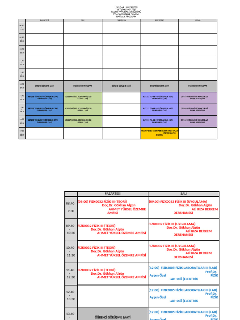 Ebru Karadogan Haftalik Program 2024 2025 Guz | PDF