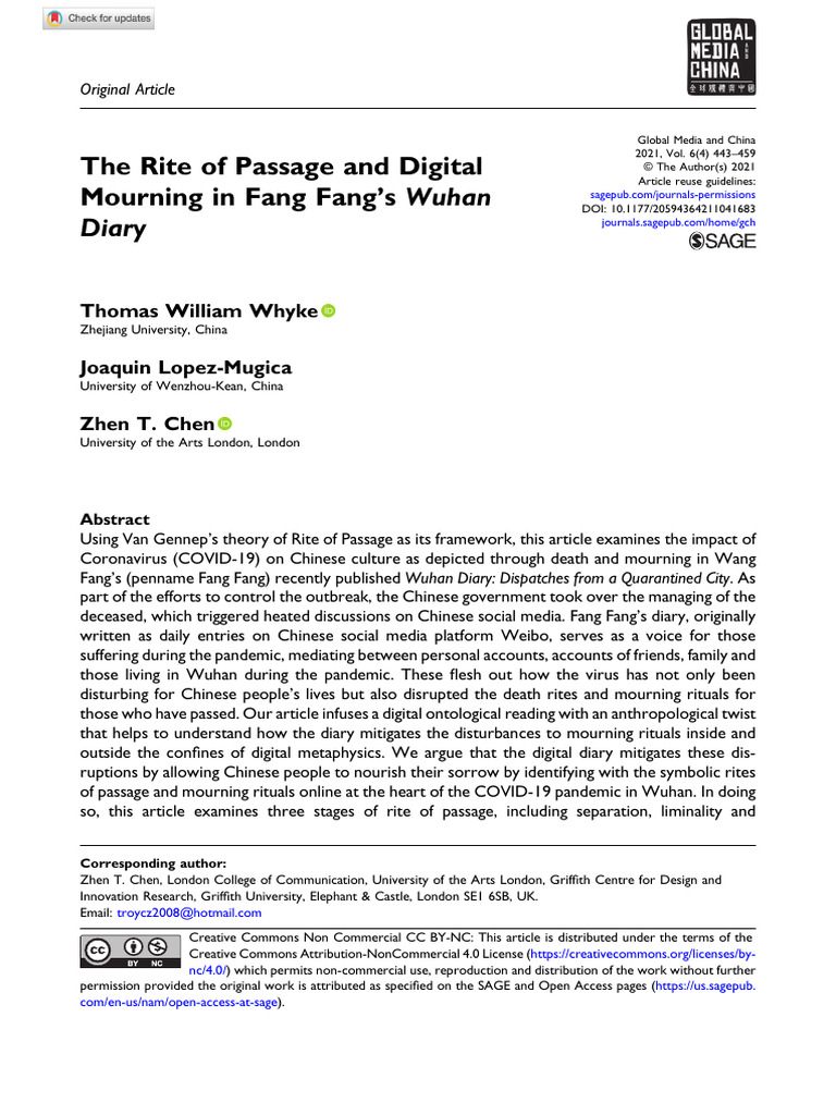 2021 The Rite of Passage and Digital Mourning in Fang Fang's Wuhan ...