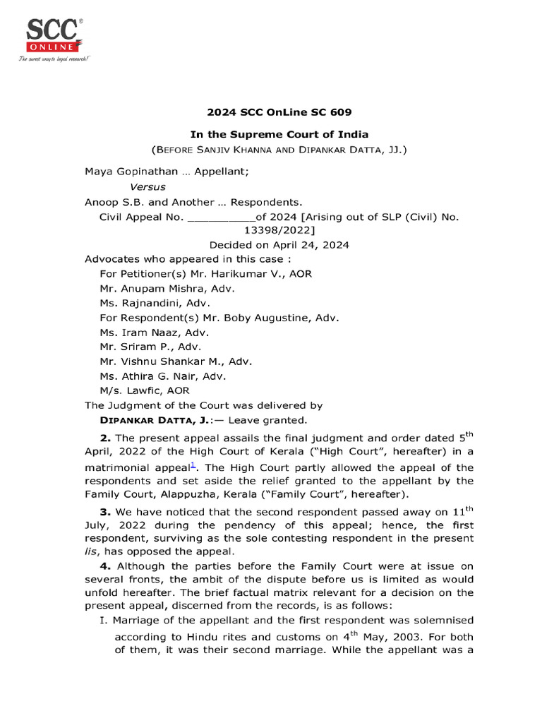 Maya Gopinathan vs Anoop Case Summary | PDF