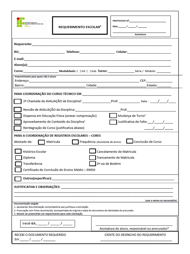Requerimento Escolar: - Prof. | PDF