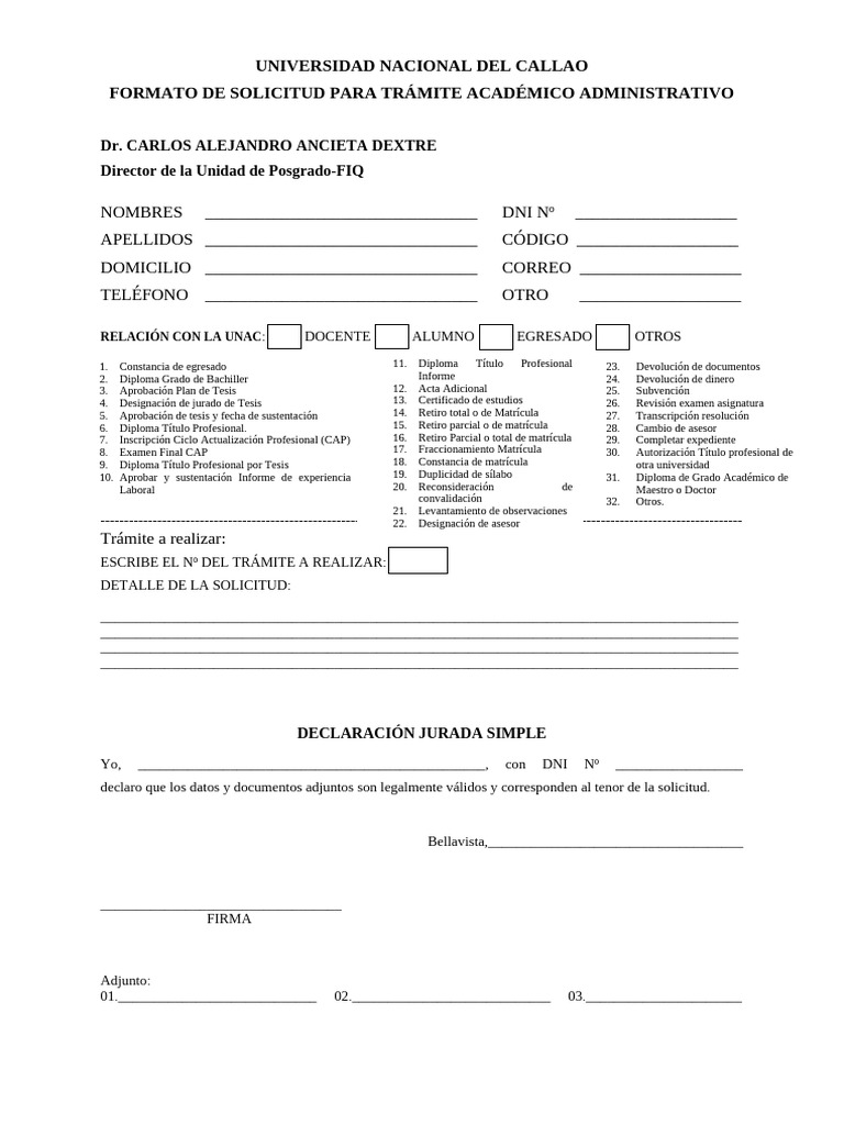 Solicitud de Trámite Académico UNAC | PDF