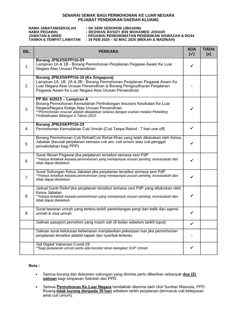 Senarai Semak Bagi Permohonan Ke Luar Negara PPD Kluang 2023 | PDF