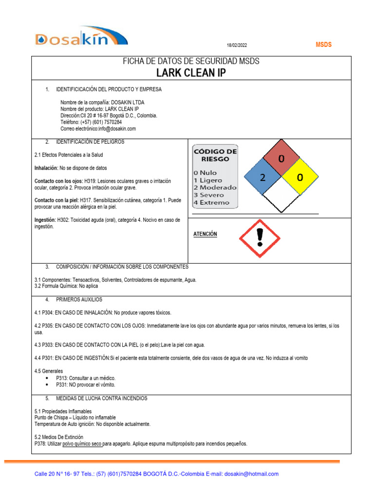 Lark Clean Ip: Ficha de Datos de Seguridad Msds | PDF | Química